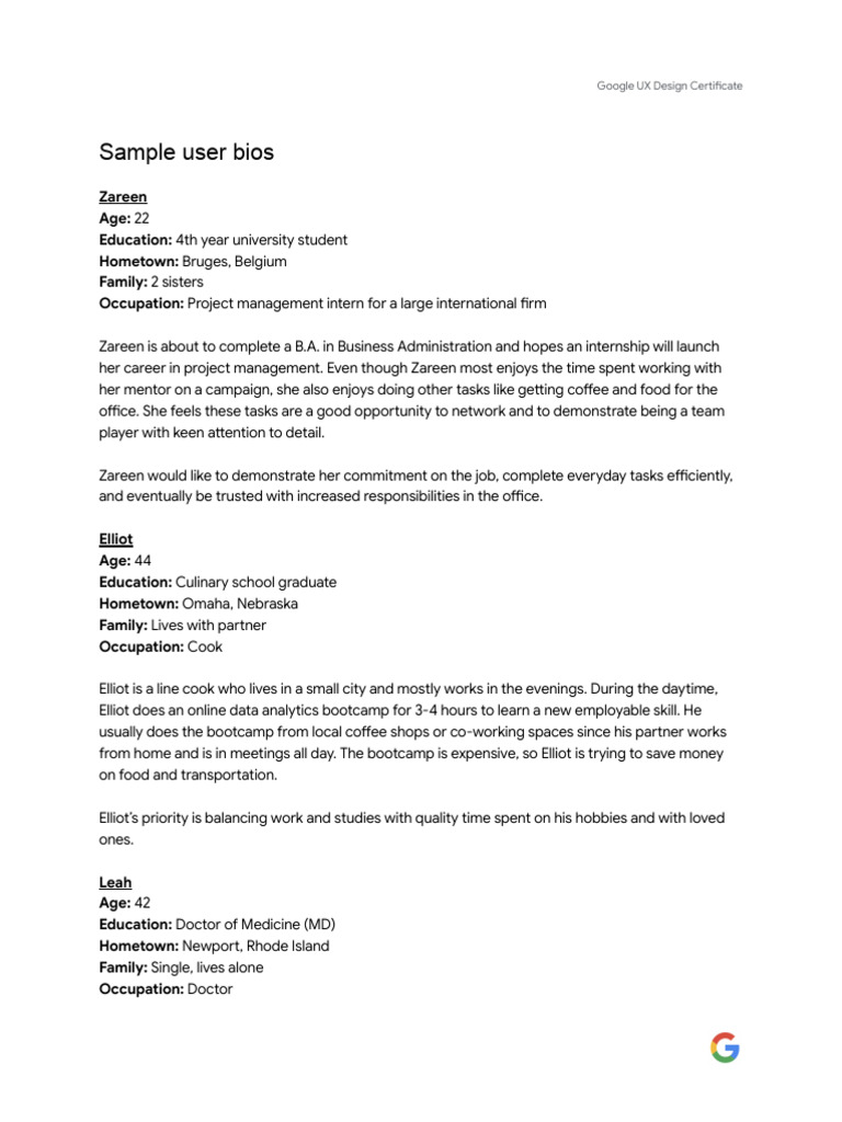 UX Design Certificate - Sample User Bios | PDF