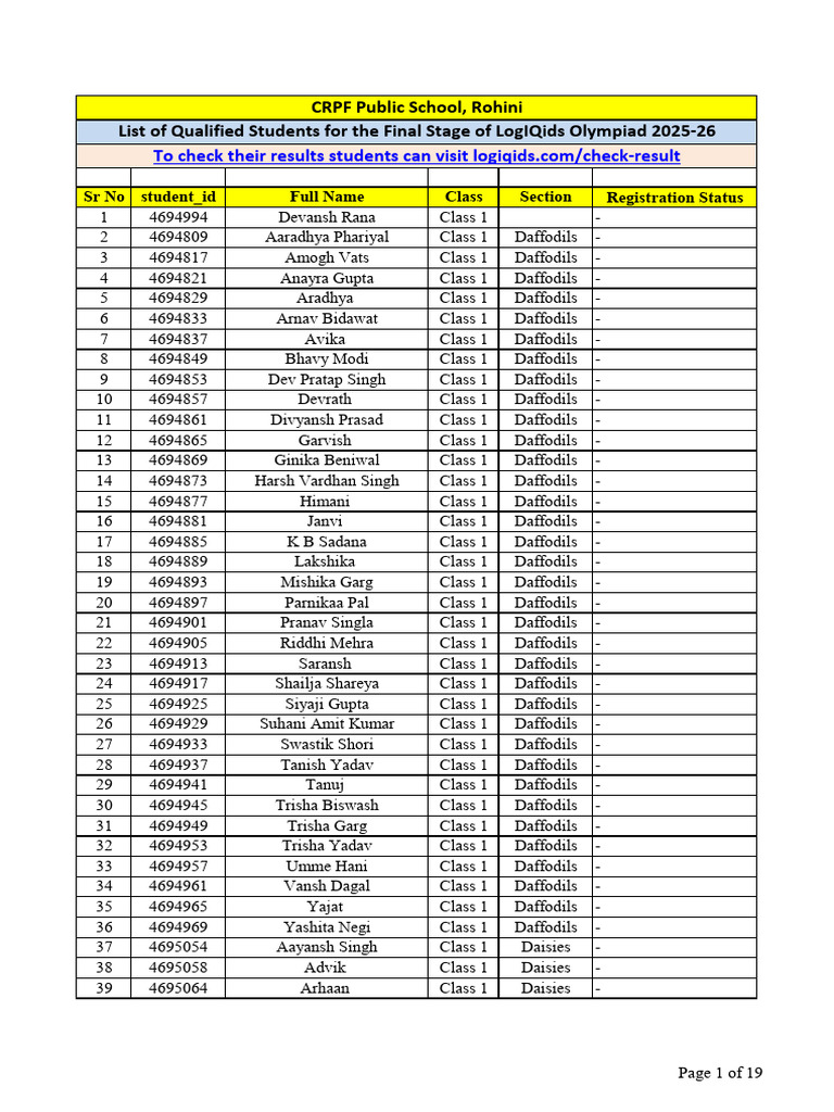 Student List - Final Stage Logiqids Mental Aptitude Olympiad 2025-26 | PDF
