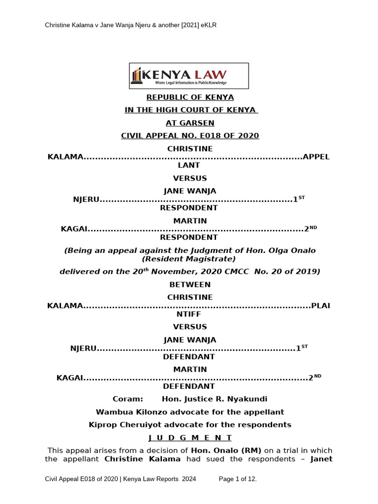 Civil Appeal E018 of 2020 | PDF | Burden Of Proof (Law) | Negligence