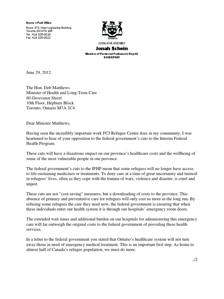 Letter To Minister Matthews About Cuts To Interim Federal Health ...