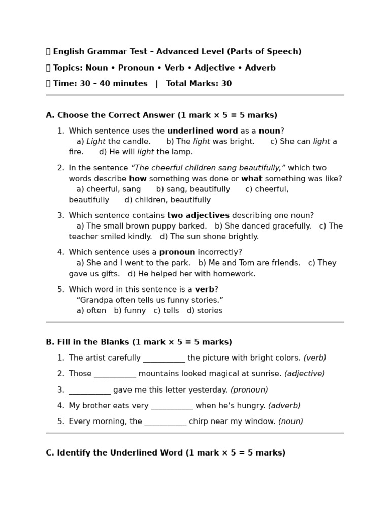Grade 2 English Grammar Test | PDF | Adverb | Part Of Speech