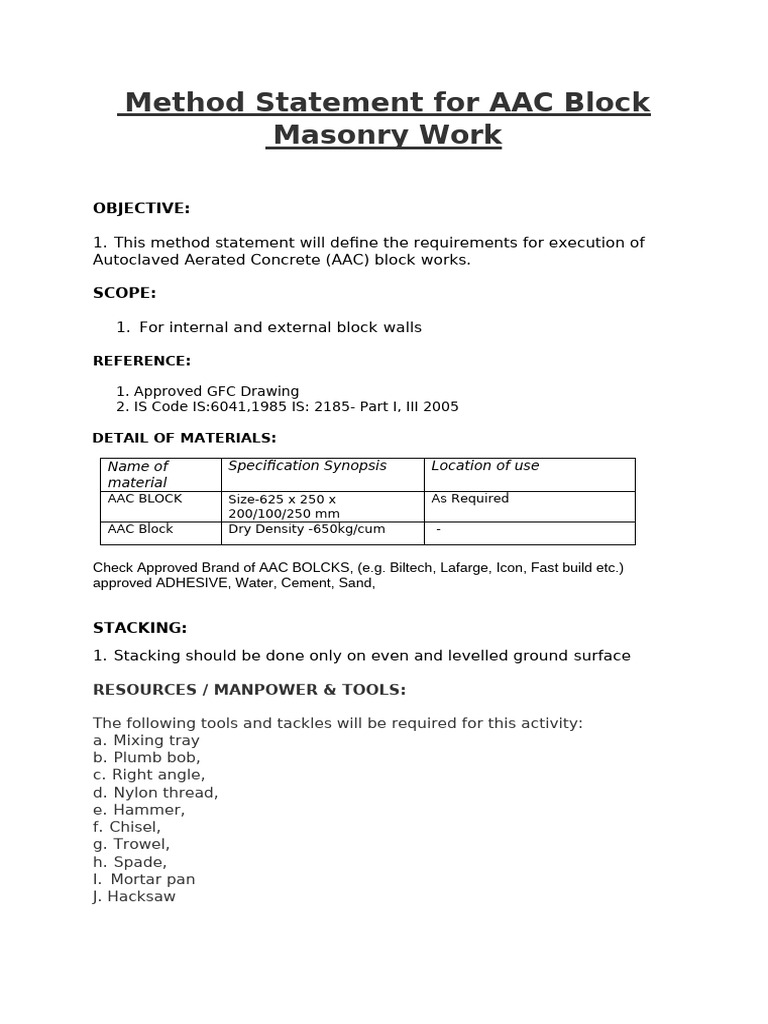 Aac Block Work Method Statement | PDF | Concrete | Masonry