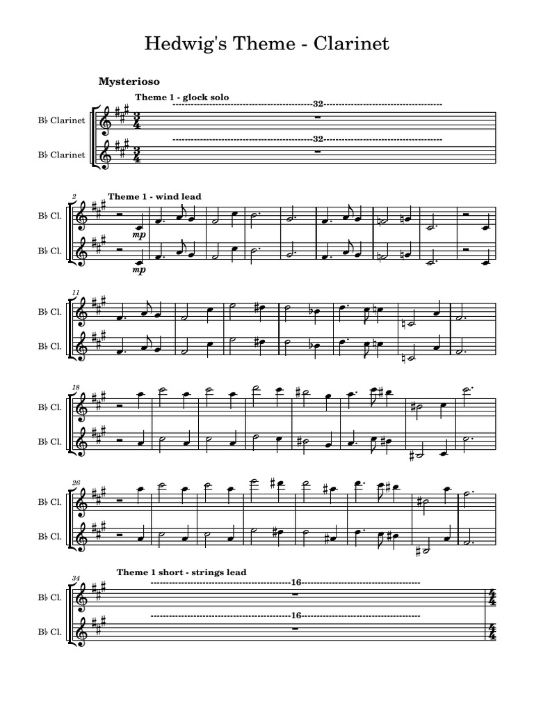 Hedwig'S - Theme FINAL SHORT FULL 2025 Clarinet | PDF | Woodwind ...