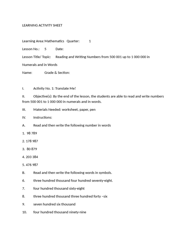 Mathematics Learning Activity Sheet | PDF