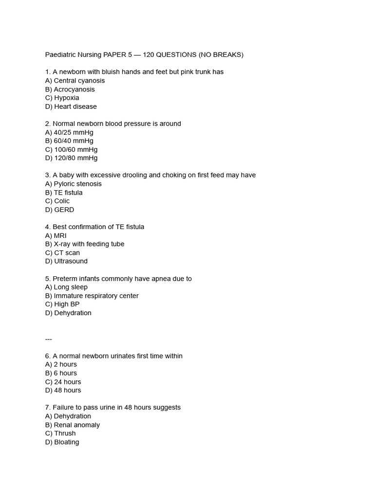 Paper 5 Paediatric Nursing Paper 5 — 120 Questions (No Breaks) | PDF ...