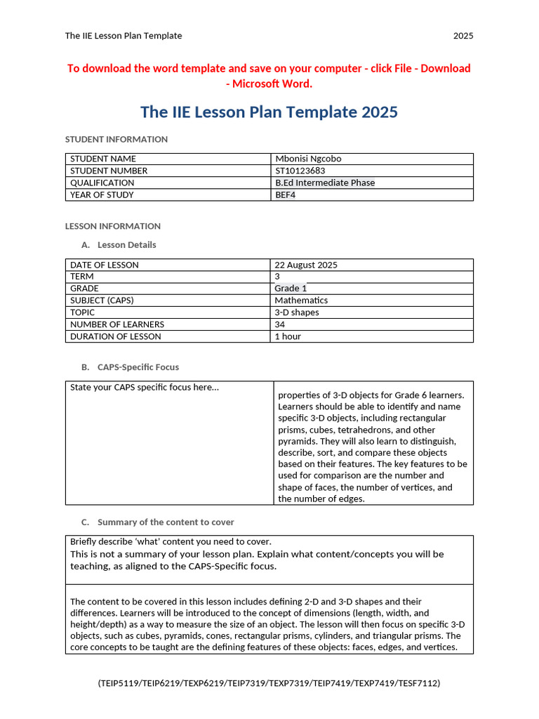 2025 IIE Lesson Plan Template-5 | PDF | Lesson Plan | Learning