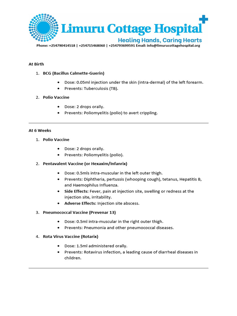 Kepi Vaccine Schedule From Limuru Cottage Hospital | PDF | Vaccines ...