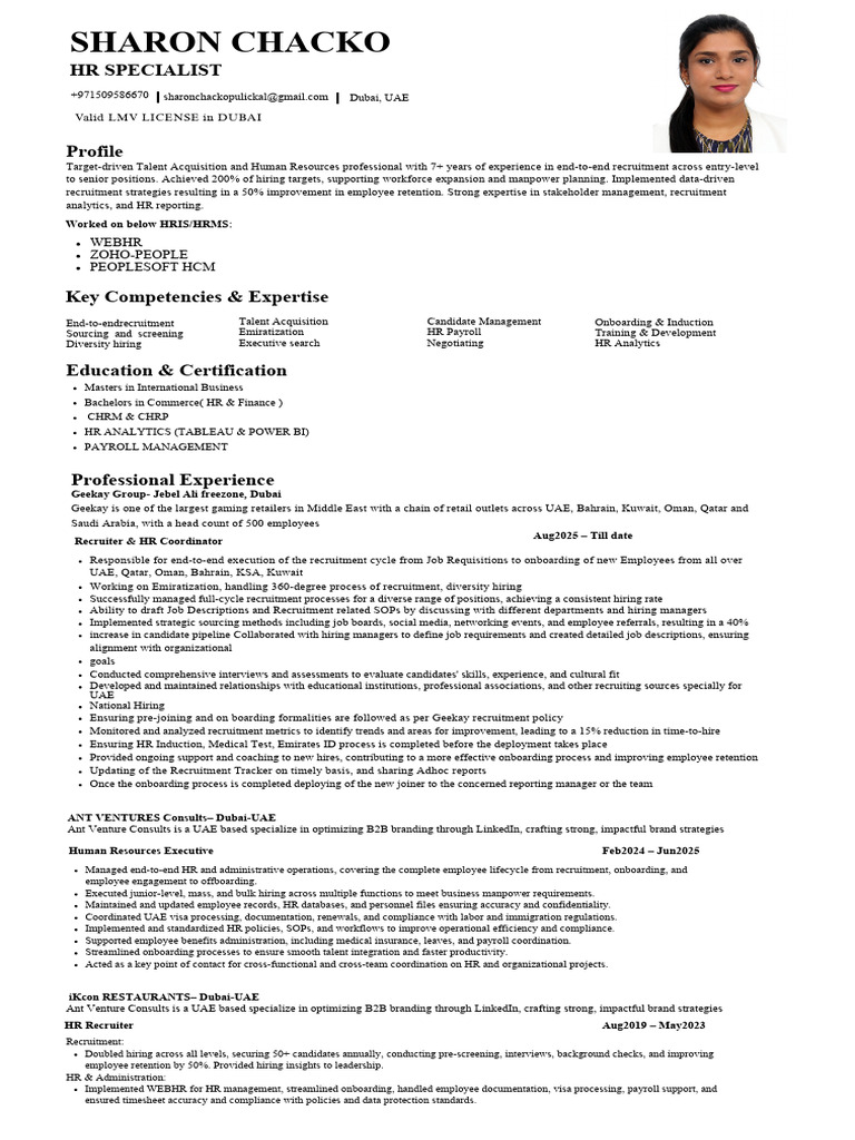 Sharon Chacko - Updated Resume 2025 PDF | PDF | Recruitment | Human ...