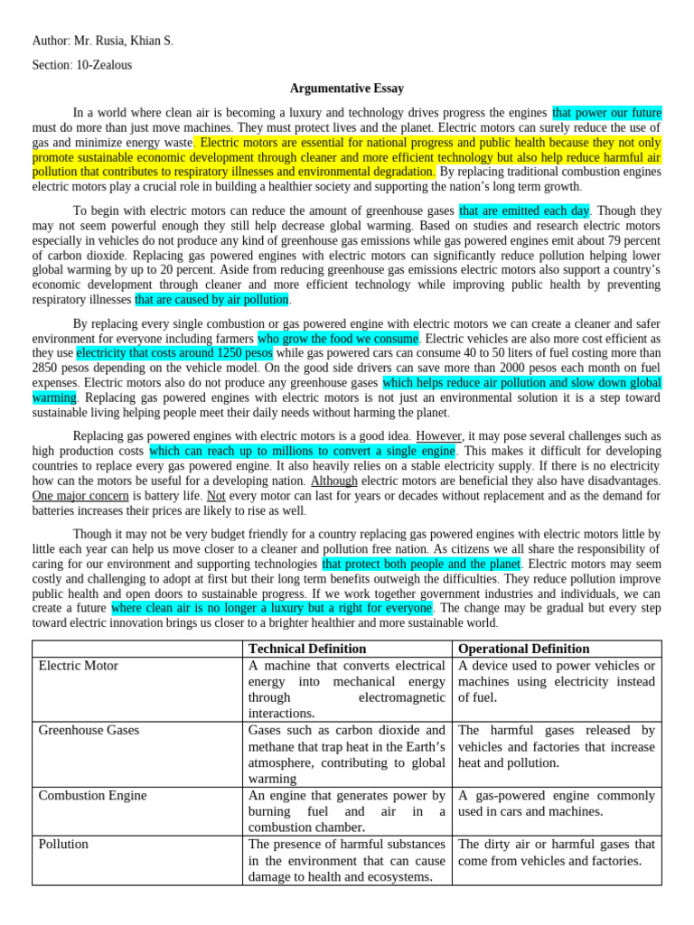 Argumentative Essay Made by Khian | PDF | Air Pollution | Engines