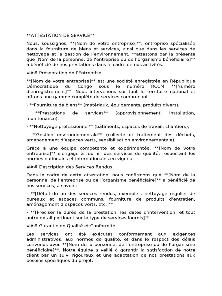 Attestation de Service Modele | PDF