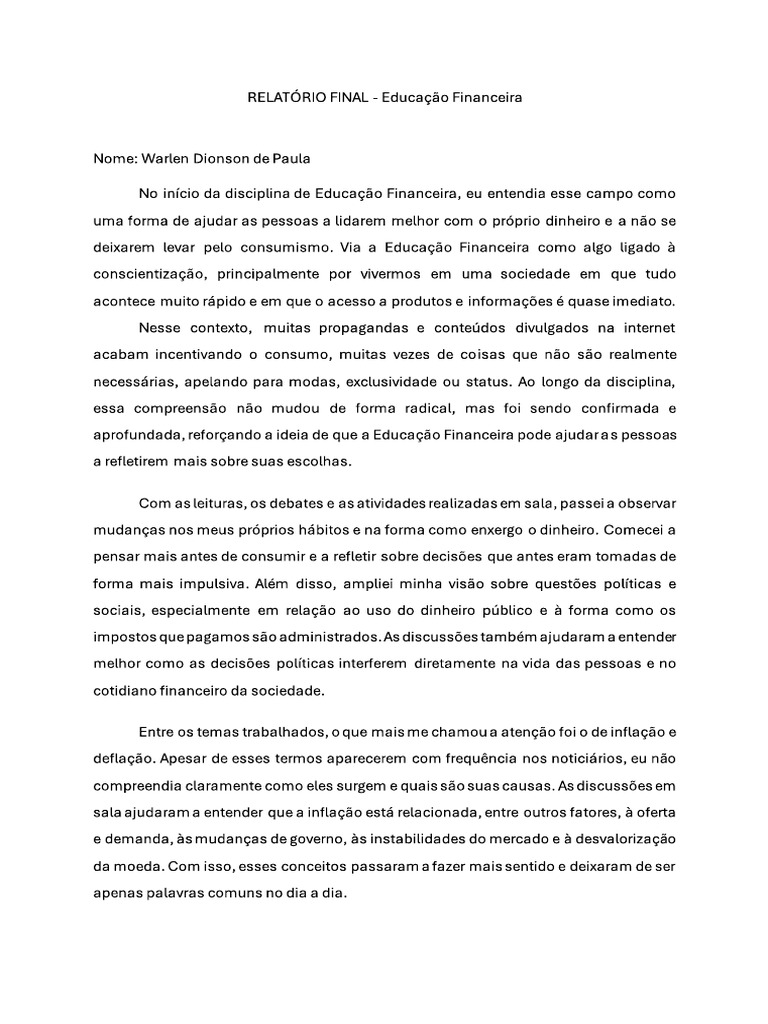 Relatório - Educação Financeira - Warlen Dionson de Paula | PDF