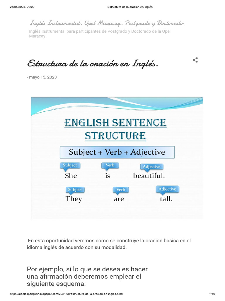 Clase 3_Estructura de La Oración en Inglés | PDF | Adjetivo | Oración ...