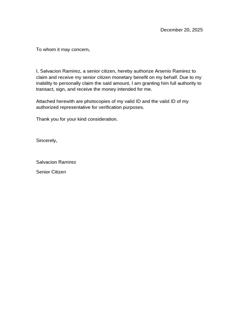 Authorization Letter Senior Citizen | PDF