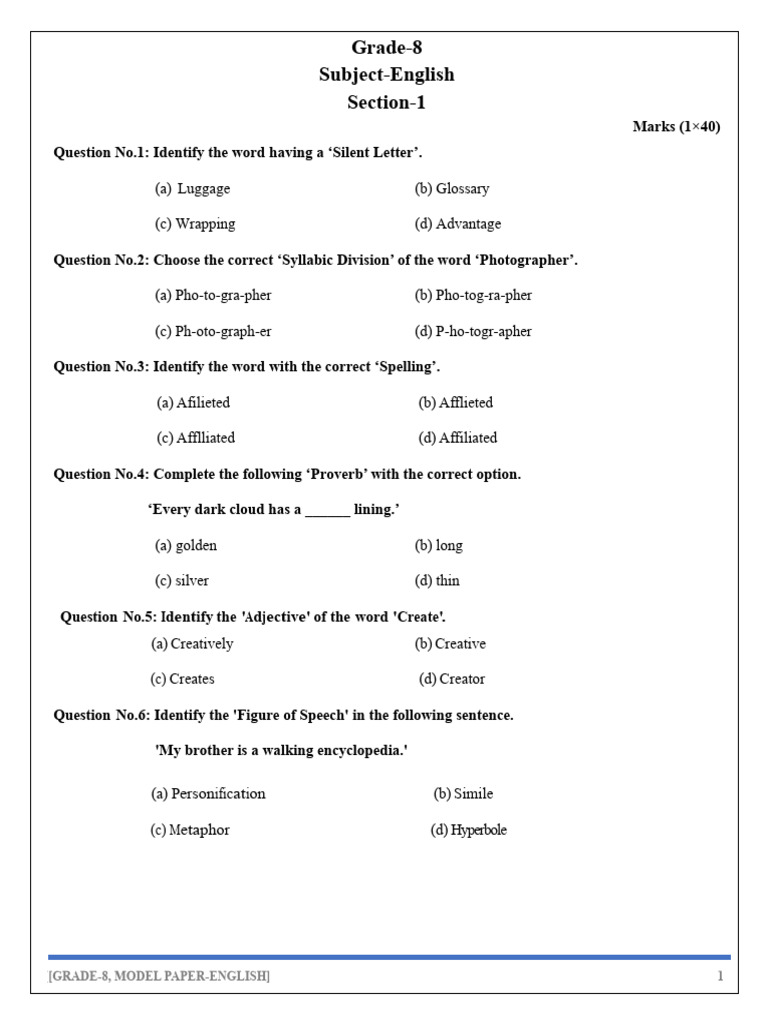 Grade 8 Model Paper English Up | PDF | Semantics | Grammar