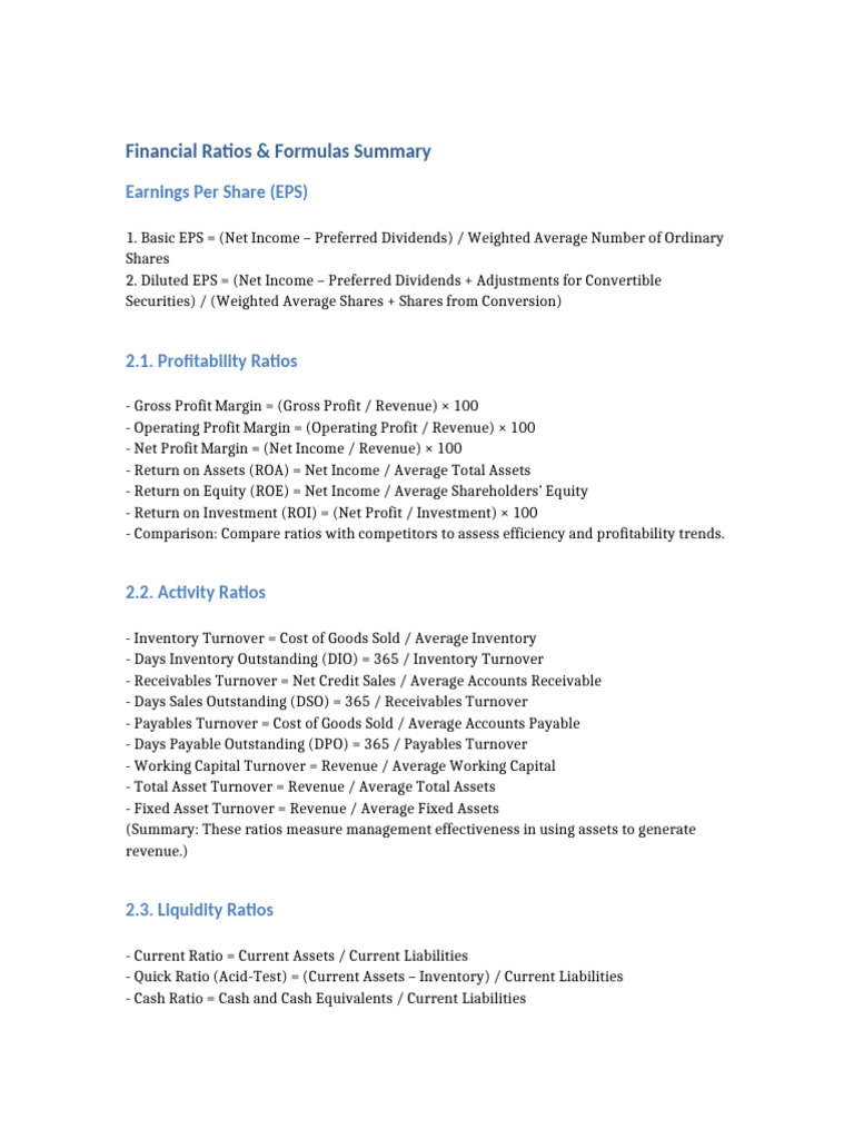 Financial Ratios Formulas Summary | PDF | Equity (Finance) | Dividend