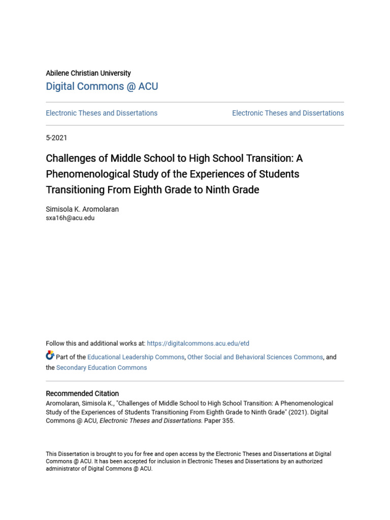 Challenges of Middle School to High School Transition_ a Phenomen | PDF ...