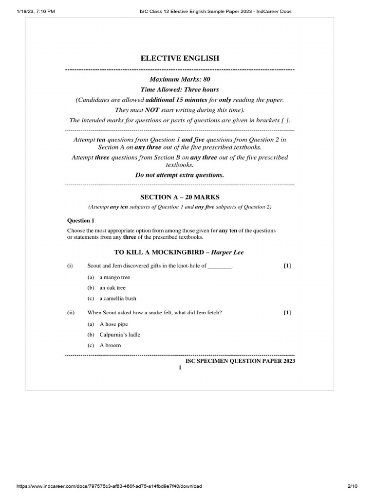ISC Class 12 Elective English Sample Paper 2023 - IndCareer Docs | PDF