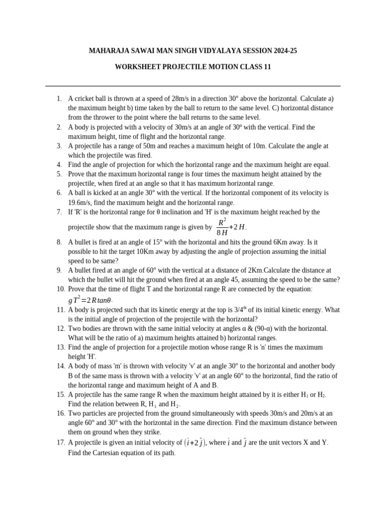 Projectile Motion Worksheet | PDF | Projectiles | Motion (Physics)