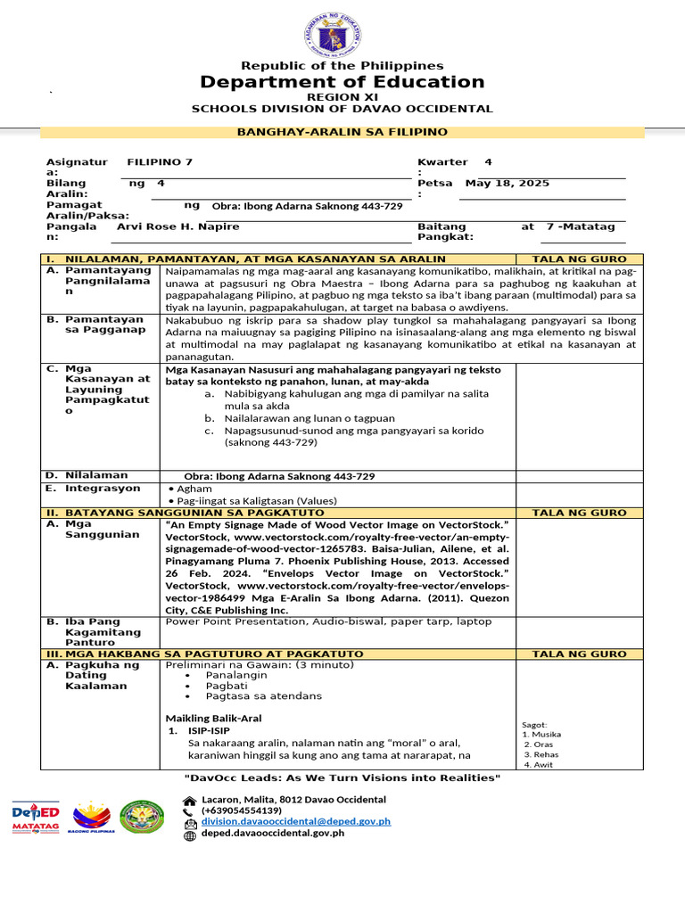 g7 Filipino Matatag Lesson Plan-Aster - q4 034520 | PDF