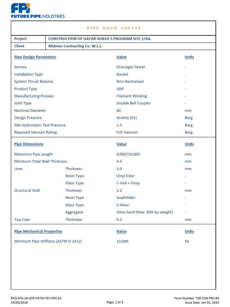 02.a. Pipe Data Sheet | PDF | Fiberglass | Pipe (Fluid Conveyance)
