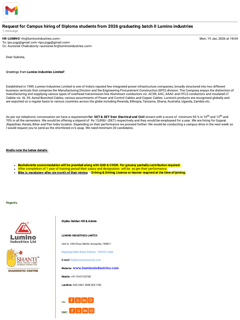 Gmail - Request For Campus Hiring of Diploma Students From 2026 ...