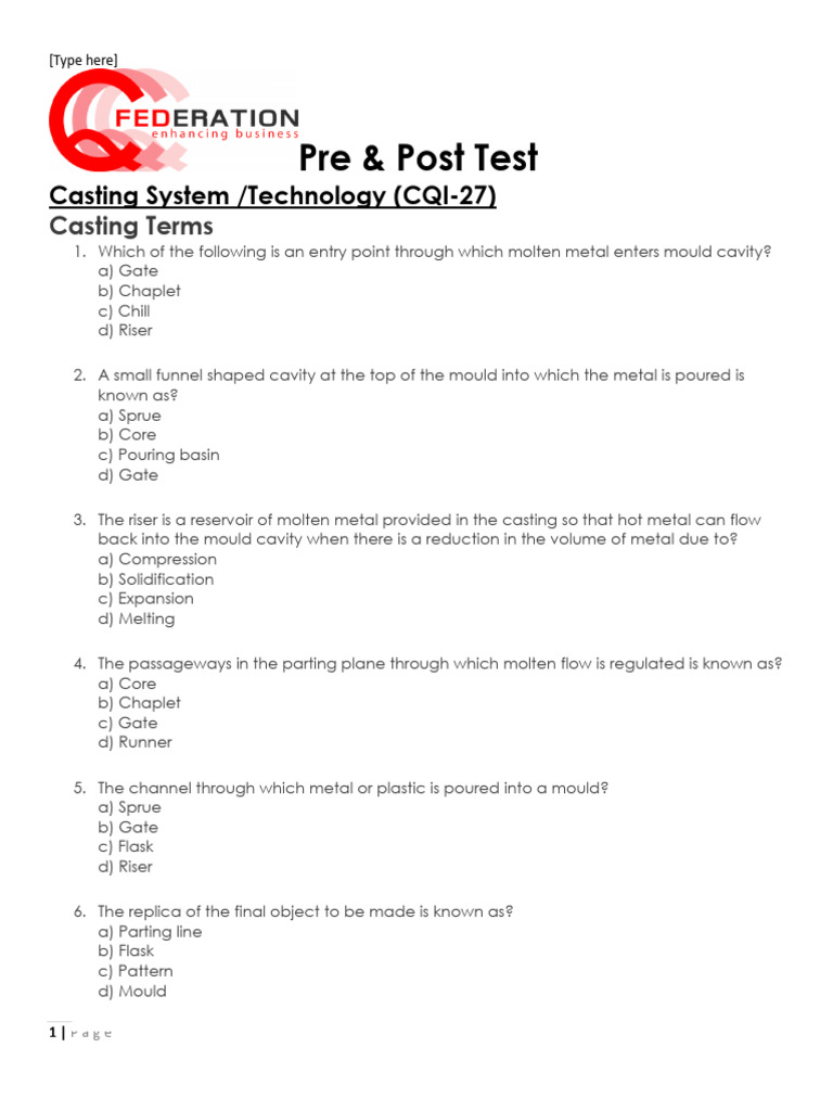Casting Questions and Answers - Pre & Post Test | PDF | Foundry | Metals