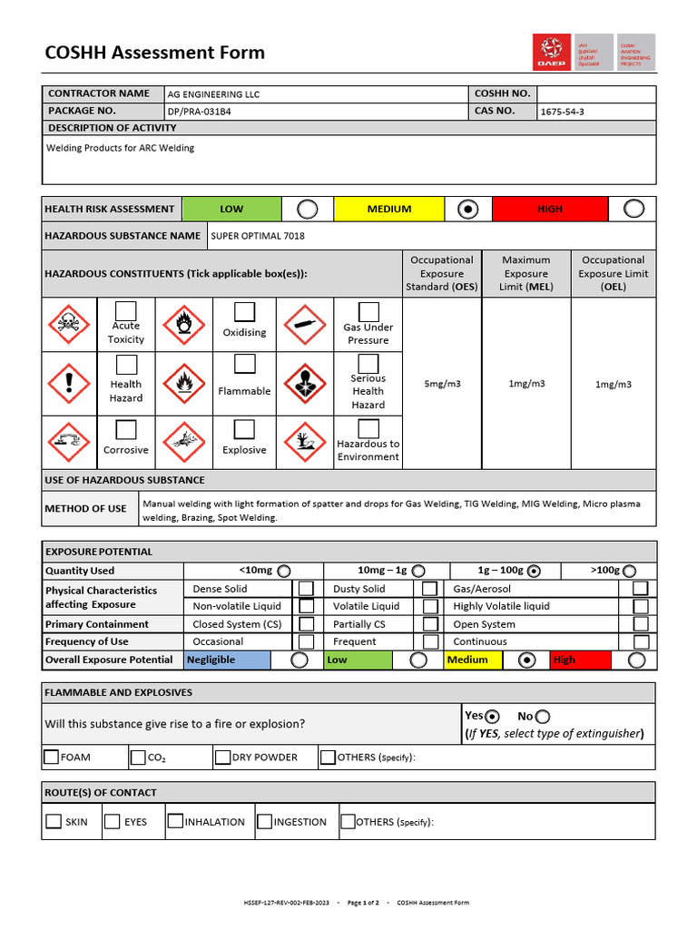 COSHH_Template_AG Eng | PDF | Welding | Construction