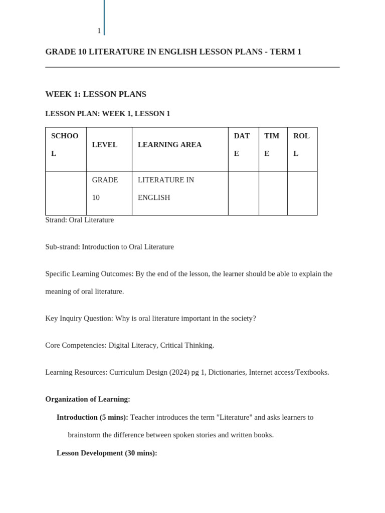 Grade 10 Term 1 Literature Lesson Plans 0729645829 | PDF | Poetry ...