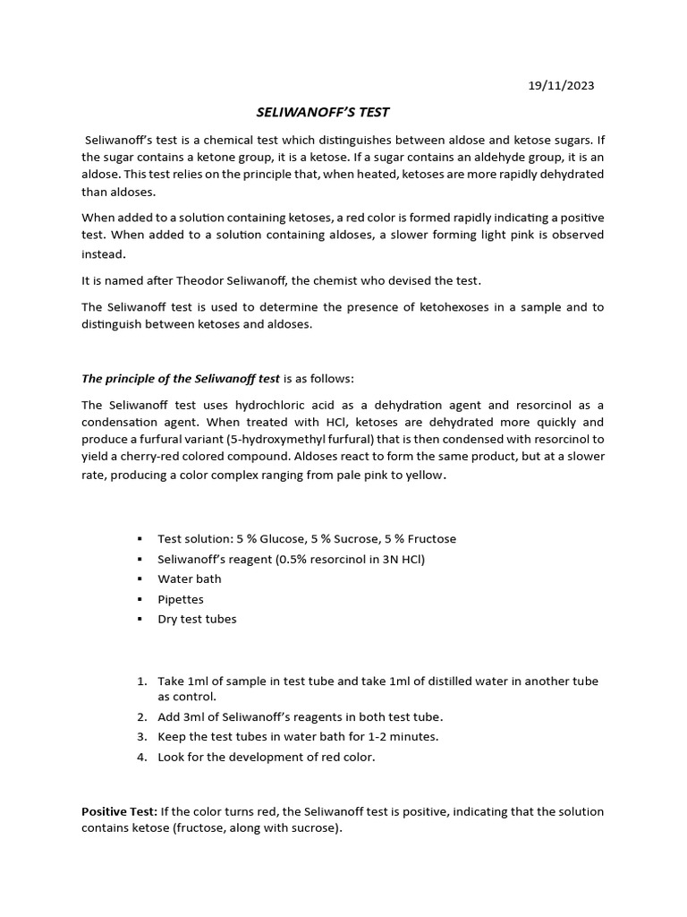 seliwanoffs test | PDF | Carbohydrate Chemistry