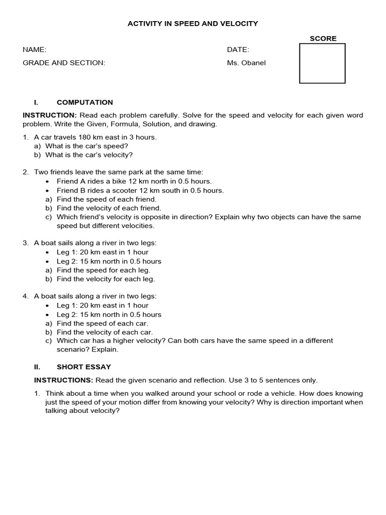 ASSESSMENT | PDF | Speed | Velocity