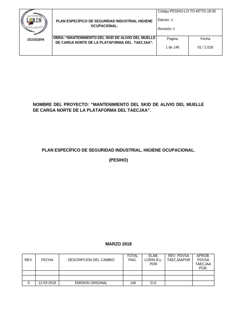 Plan Especifico “Mantenimiento Del Skid de Alivio Del Muelle de Carga ...