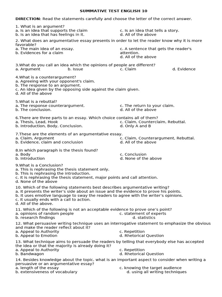 Summative Test English 10 | PDF | Essays | Rhetoric