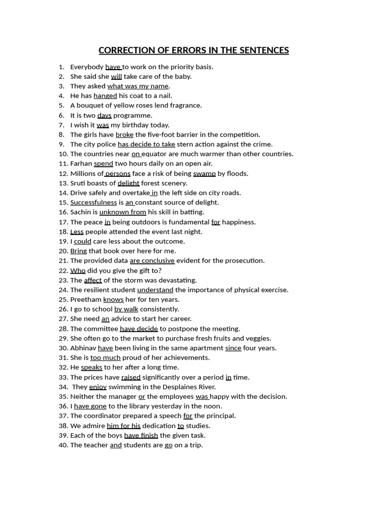 Correction of Errors in The Sentences - Practice Sheet | PDF