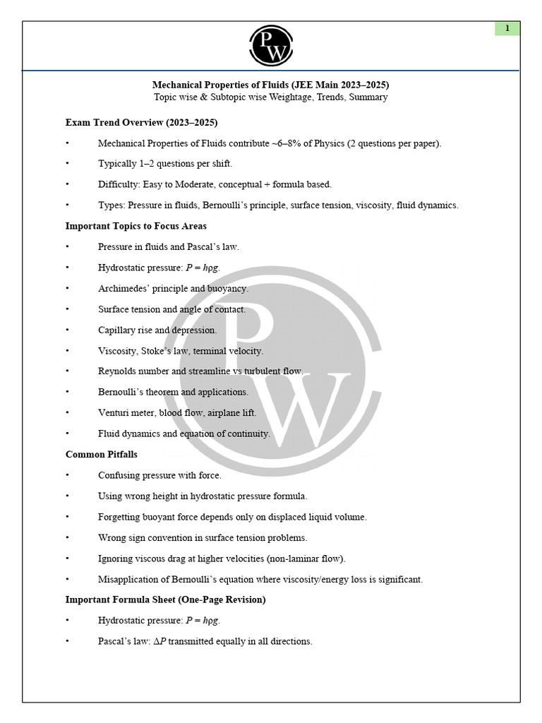 Mechanical Properties of Fluids PYQ's Blueprint | PDF | Fluid Dynamics ...