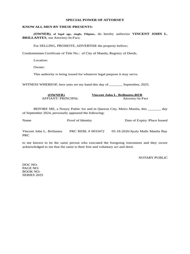 Special Power of Attorney Know All Men by These Presents: (Owner ...