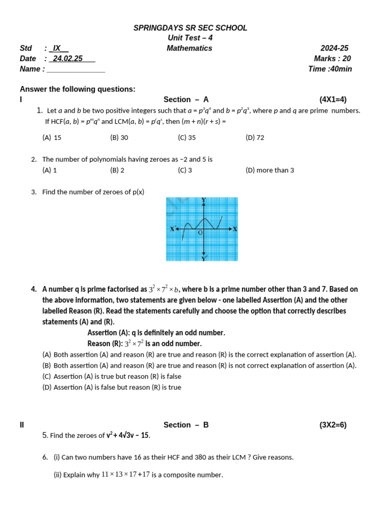 Grade 9 (Math) - Unit Test 4 2024-25 | PDF | Numbers | Prime Number