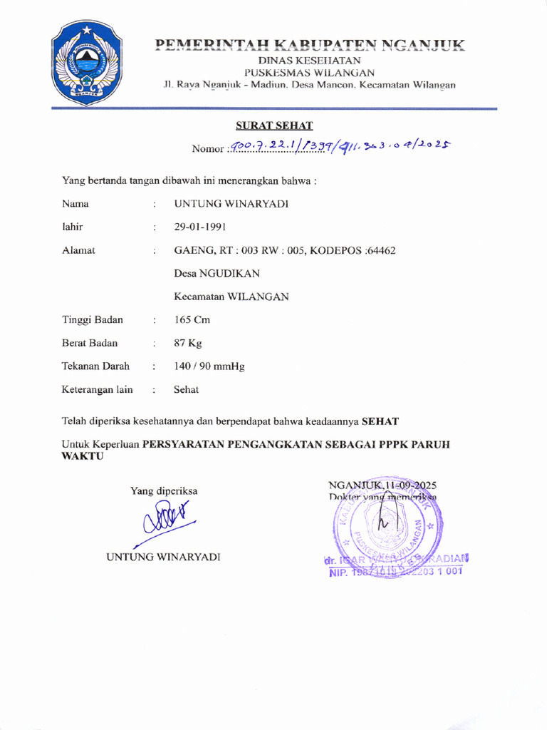Surat Sehat Untung Winaryadi | PDF