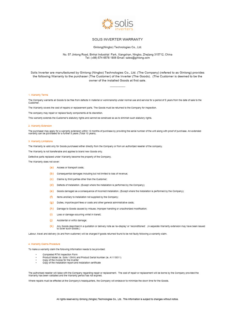 Ginlong Technologies Solis Inverter Warranty | PDF