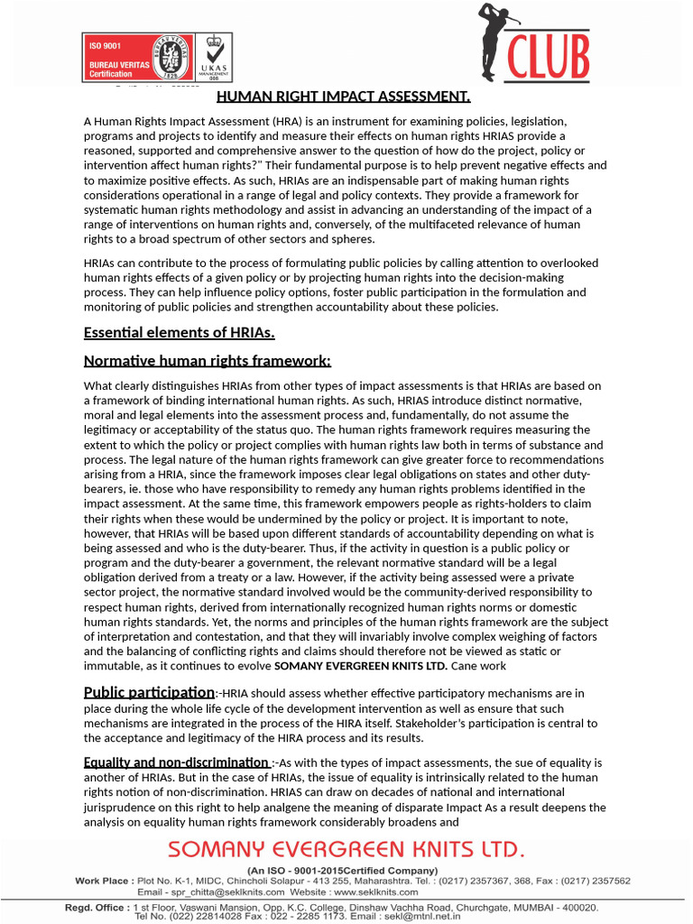 Human Right Impact Assessment (Check) | PDF | Policy | Rights