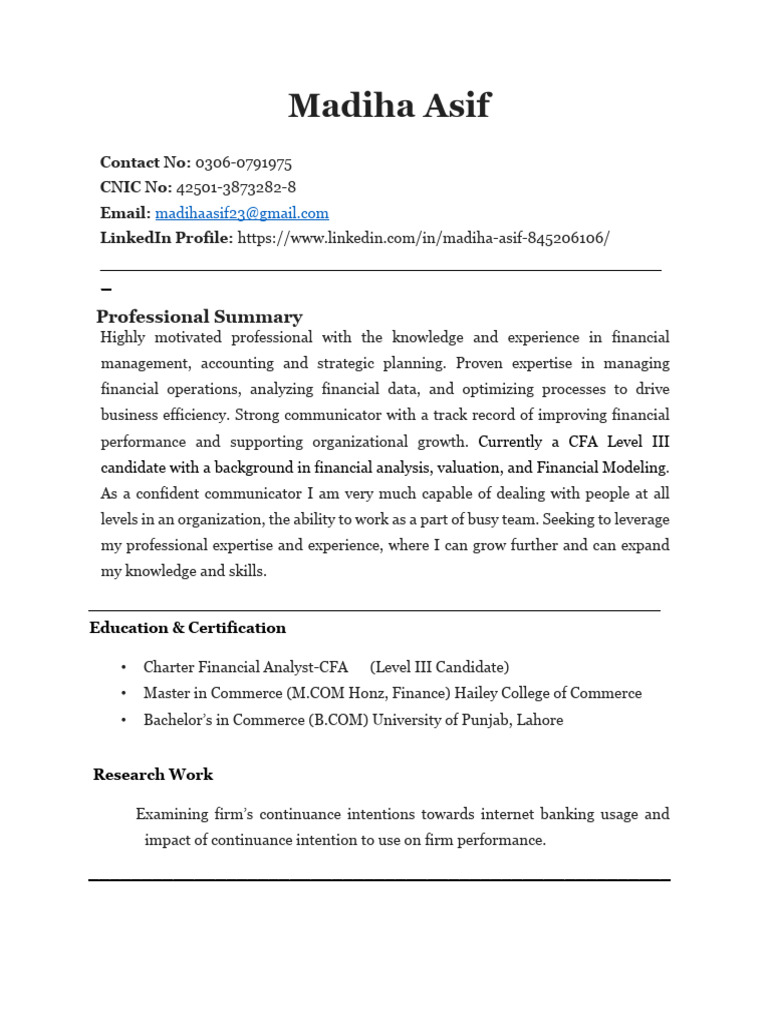 Madiha Asif (Resume) | PDF | Financial Modeling | Economies