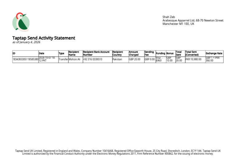 Taptap Send Activity Statement | PDF