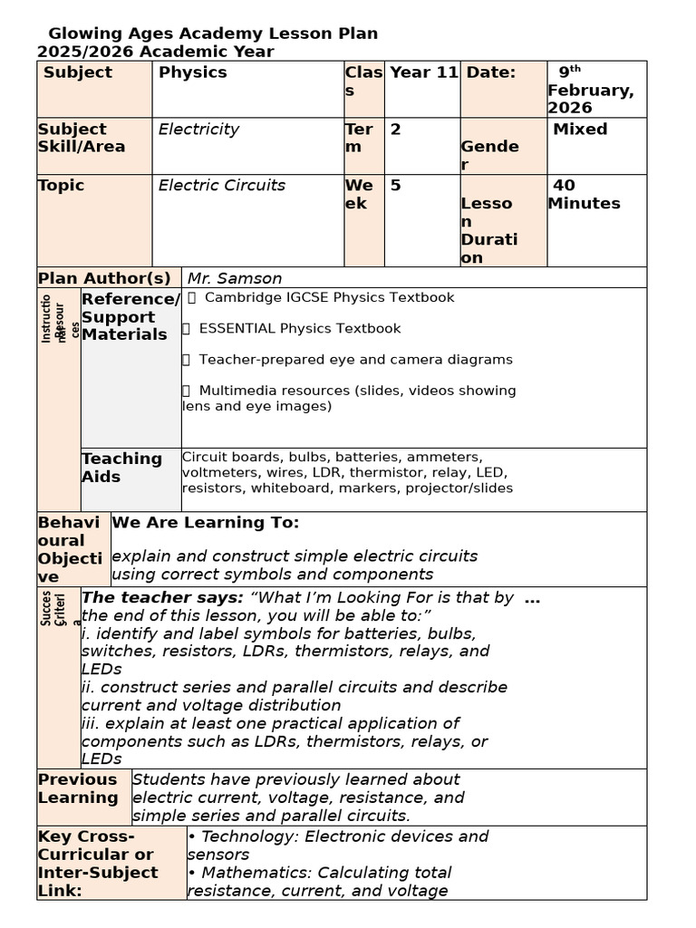 Physics Year 11 Term 2 Lesson Plan Week 5 Updated 2025 2026 Session ...