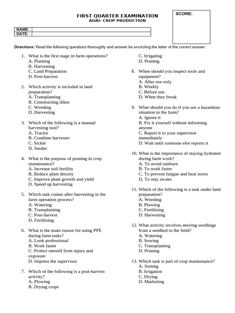 First Quarter Exam | PDF | Personal Protective Equipment | Harvest