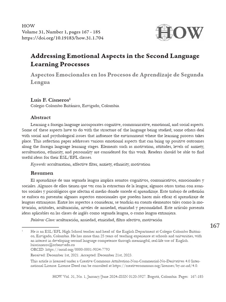 Addressing Emotional Aspects in The Second Language Learning Processes ...