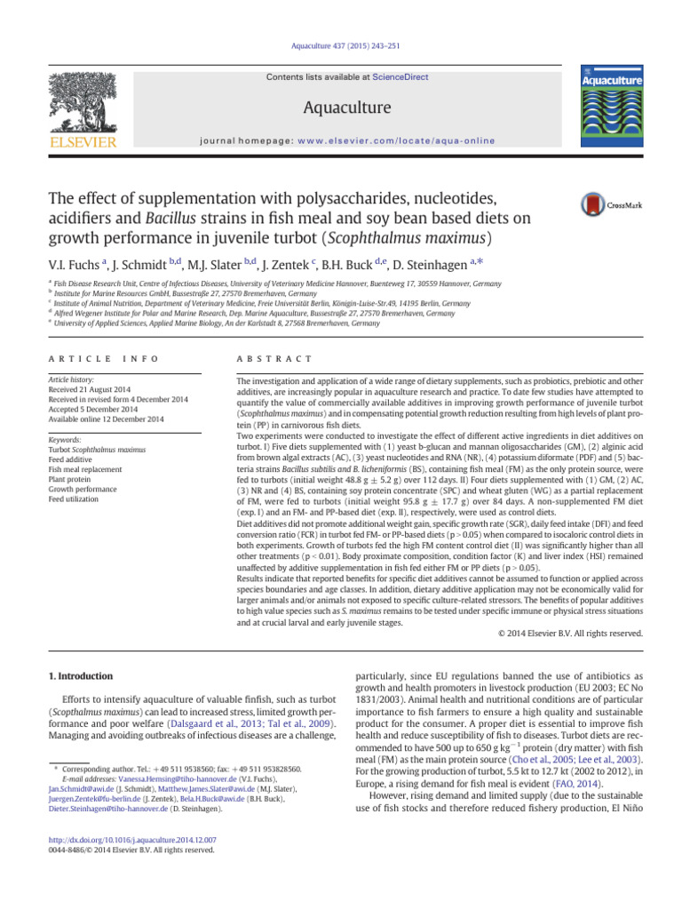 Fuchs Et Al 2015 Aquaculture | PDF | Normal Distribution