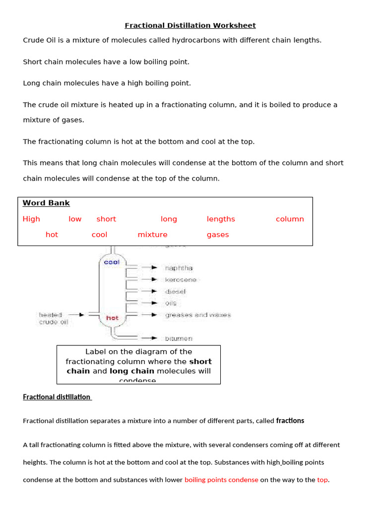 Fractional Distillation WorksheetLesson SS | PDF | Distillation | Boiling