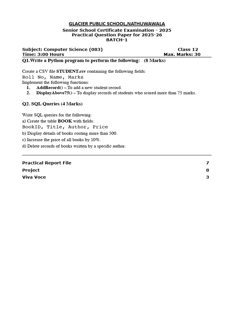Class 12 Practical Question Paper 2025-2026 Batch 1 | PDF