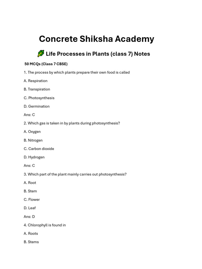 Class 7 Life Process in Plant Notes | PDF | Leaf | Photosynthesis