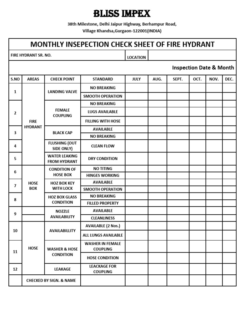 Montly Inspection Check Sheet of Fire Hydrant | PDF