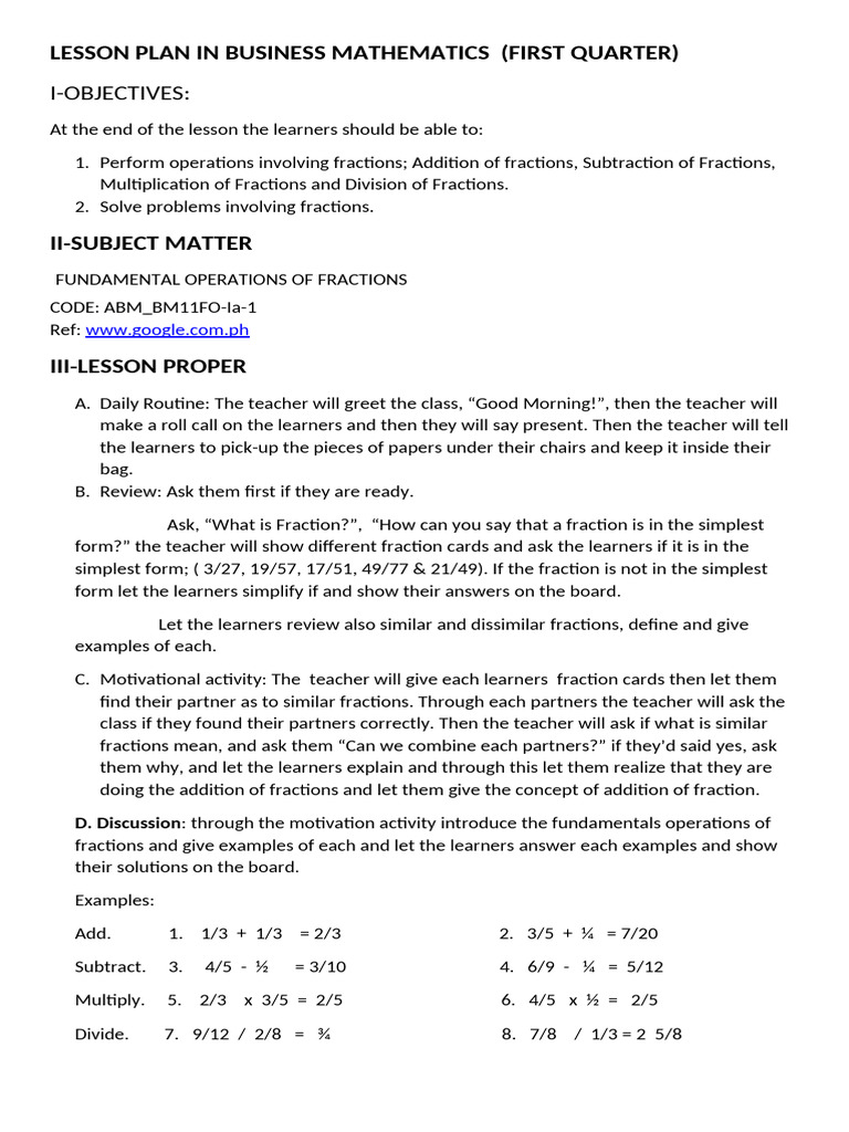 Lesson Plan in Business Mathematics | PDF | Multiplication | Mathematics